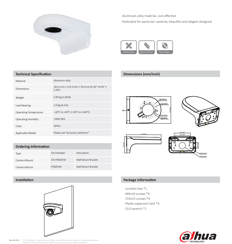 Dahua Waterproof Wall Mount White Dome Camera Bracket - DH-AC-PFB205W-E